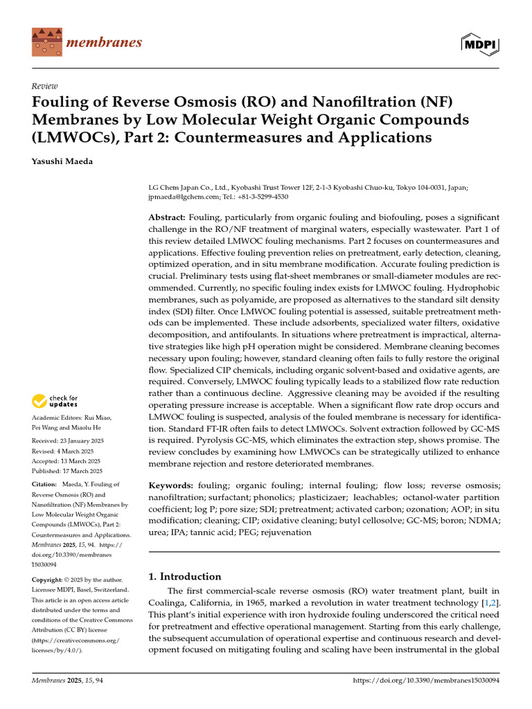 Fouling of Reverse Osmosis RO and Nanofiltration NF Membranes by Low Molecular Weight Organic ...