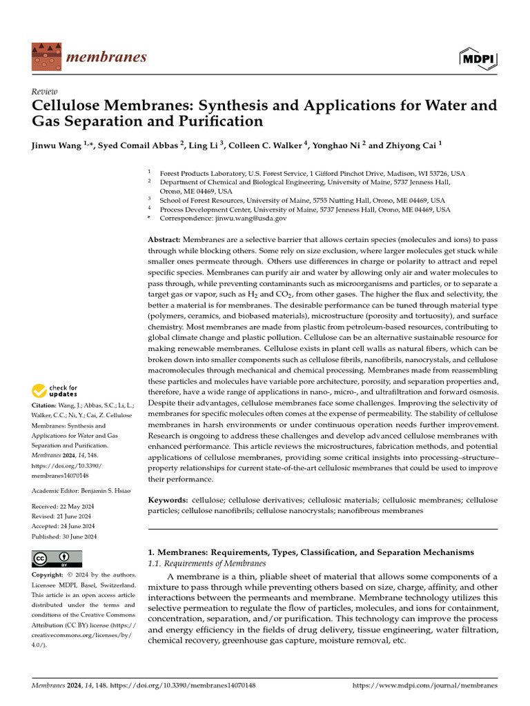 Cellulose Membranes Synthesis and Applications For Water and Gas ...