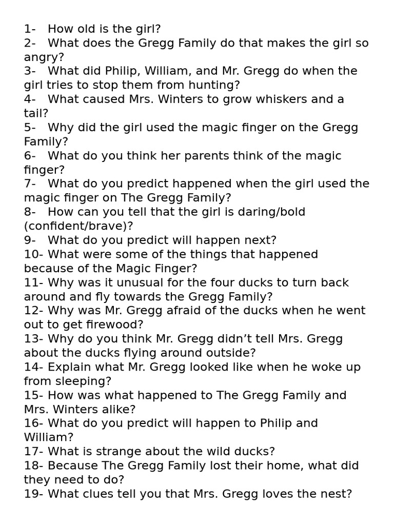 The Magic Finger: Comprehension Questions | PDF