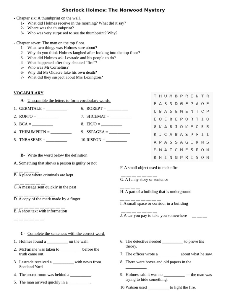SHERLOCK HOLMES Questions Chapter 6 and 7 | PDF | Sherlock Holmes ...