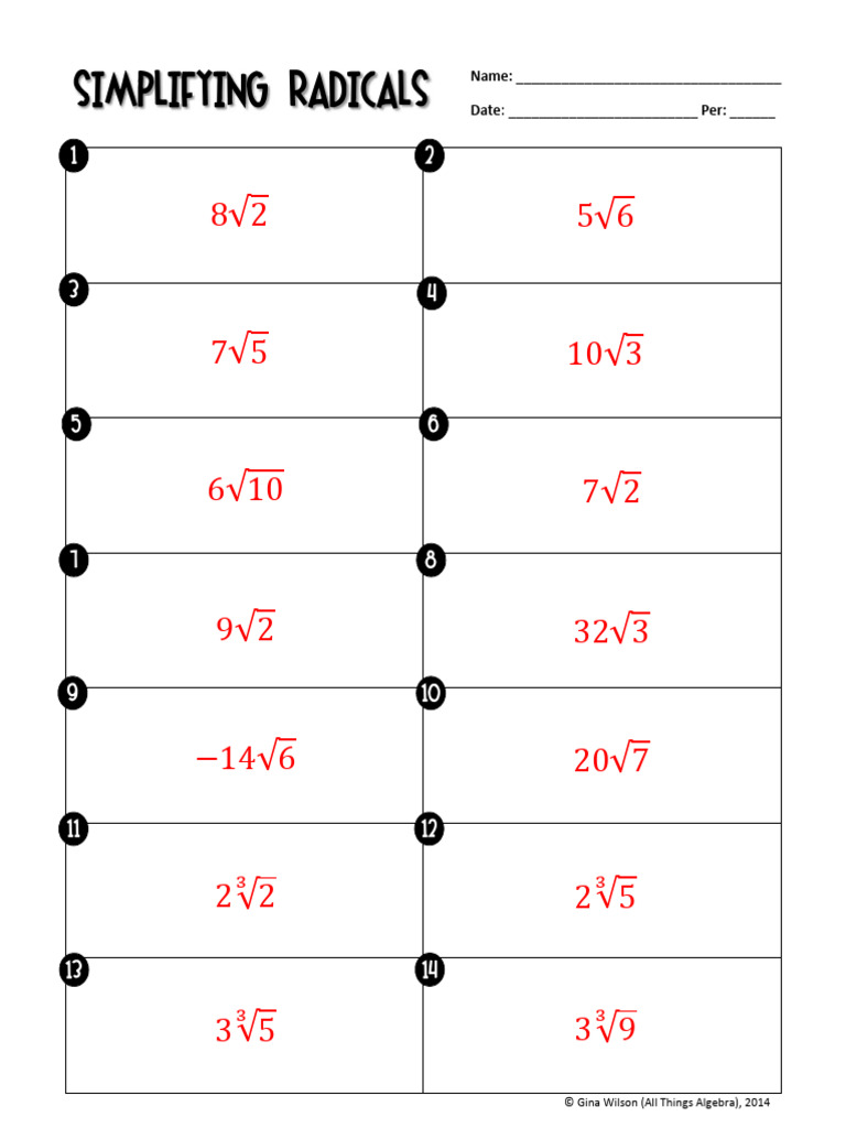 Simplifying Radicals Task Cards Answer Key | PDF