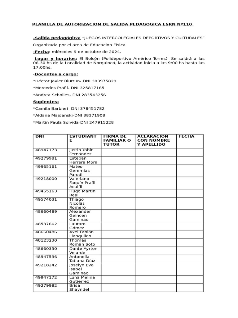 Autorización Salida Pedagógica ESRN 110 | PDF