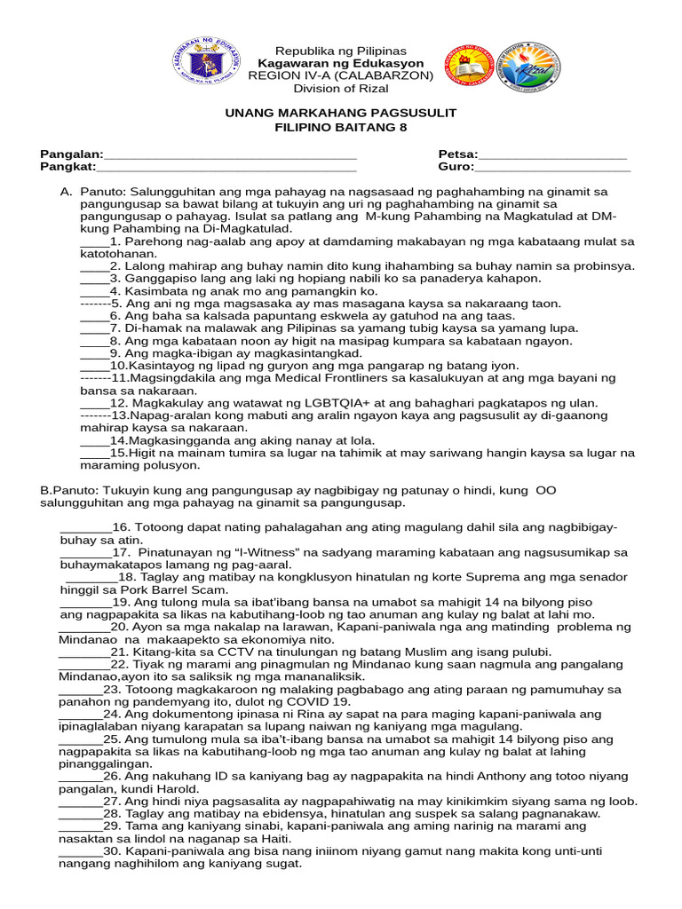 Fil 8 q1 Periodical Test | PDF