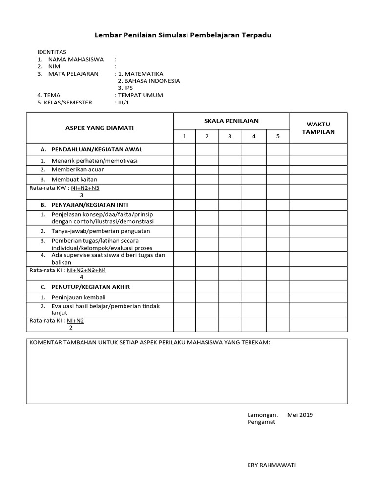 Lembar Penilaian Simulasi Pembelajaran T | PDF