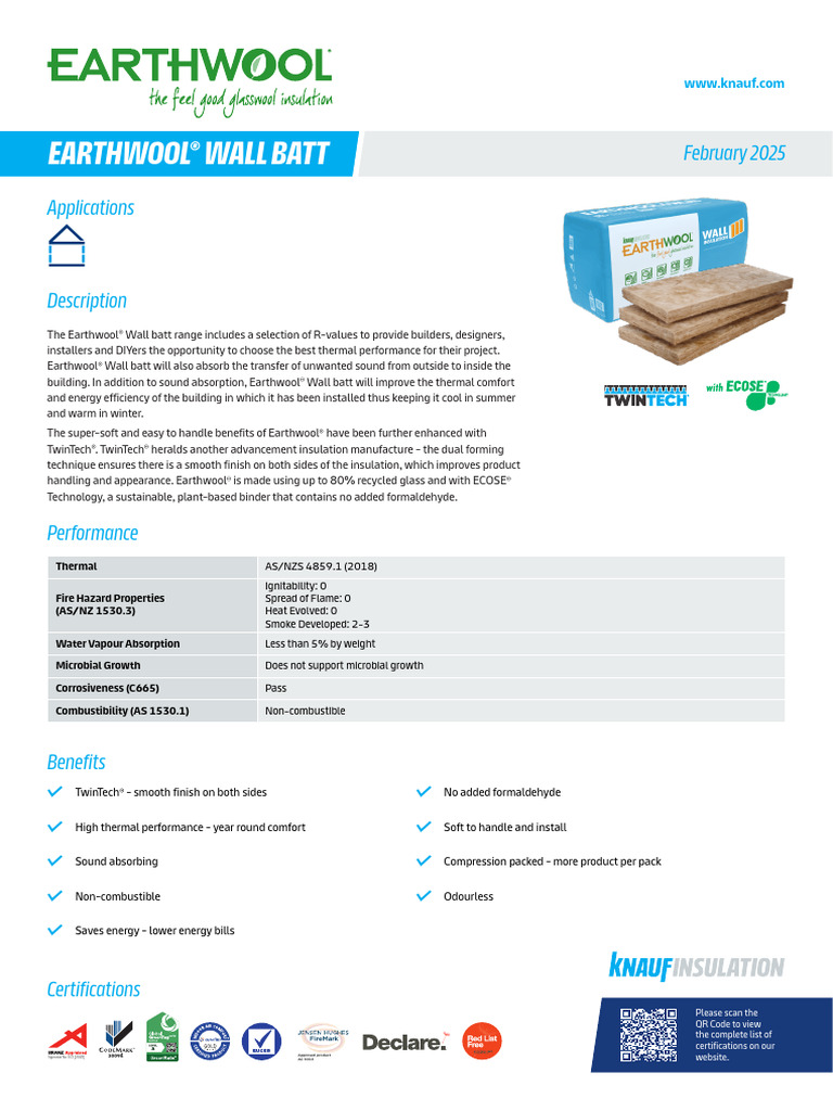 Datasheet Earthwool Wall Batt Kiau | PDF | Building Insulation | Lumber