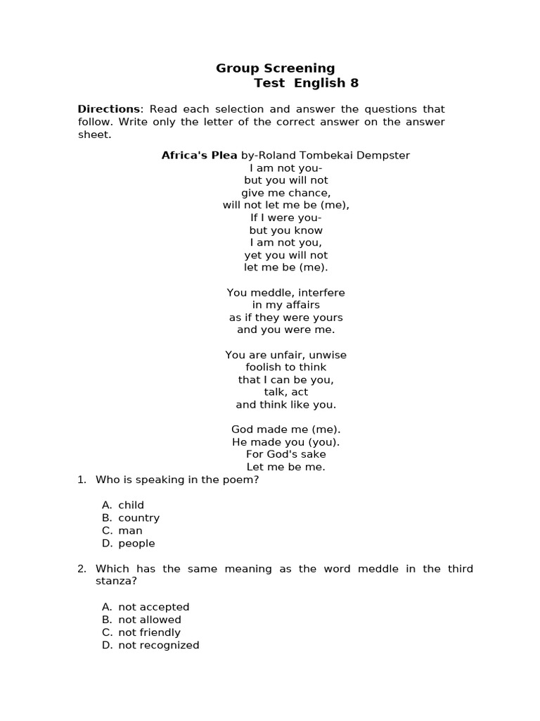 Group Screening Test English 8 For PRINTING | PDF | Deforestation ...