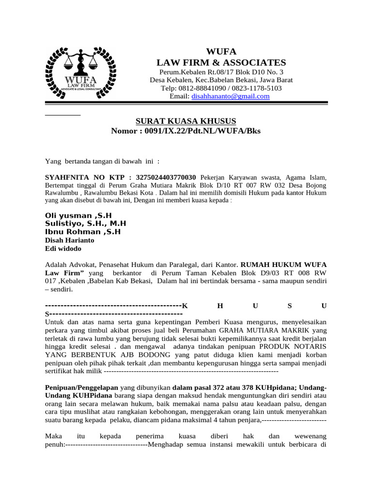 Surat Kuasa Khusus WUFA Law Firm | PDF