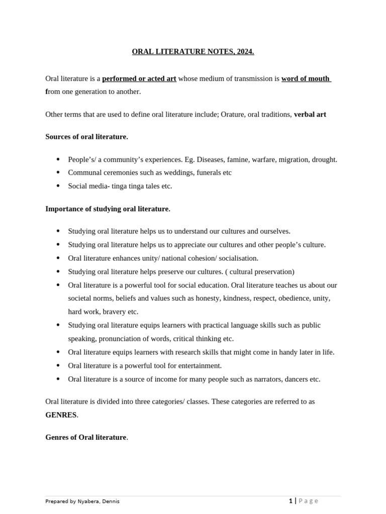 Overview of Oral Literature Genres | PDF | Narrative | Oral Literature