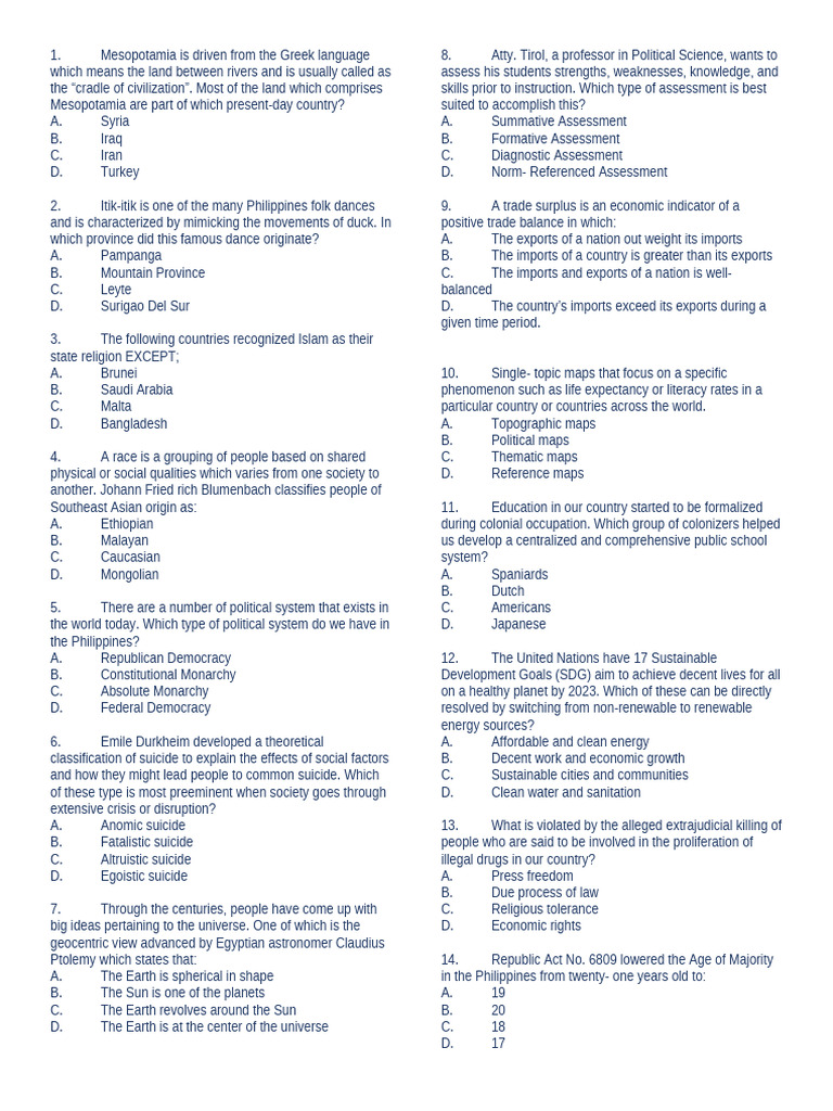 Quiz on World History and Culture | PDF | Quantitative Research ...