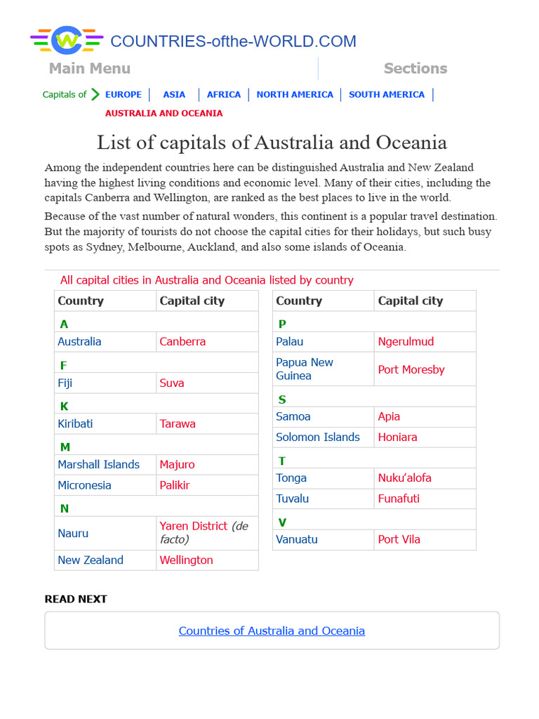 List of Capitals of Australia and Oceania by Countries | PDF