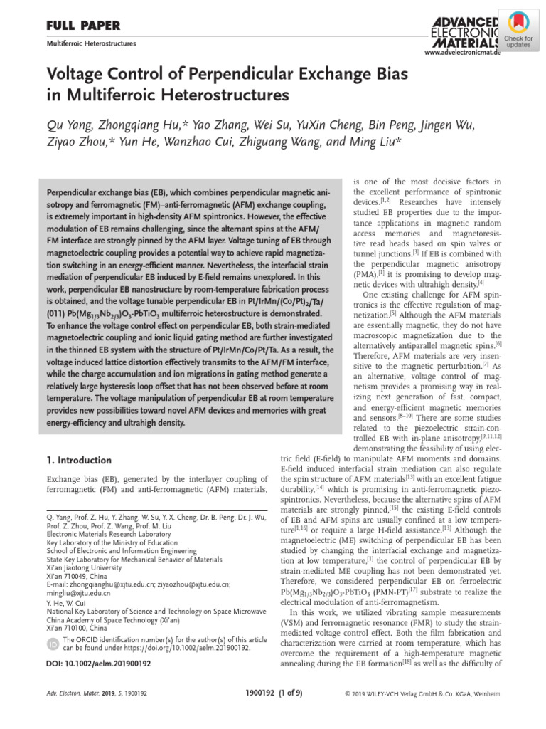 Voltage Control of Exchange Bias in AFM | PDF | Hysteresis | Ferromagnetism