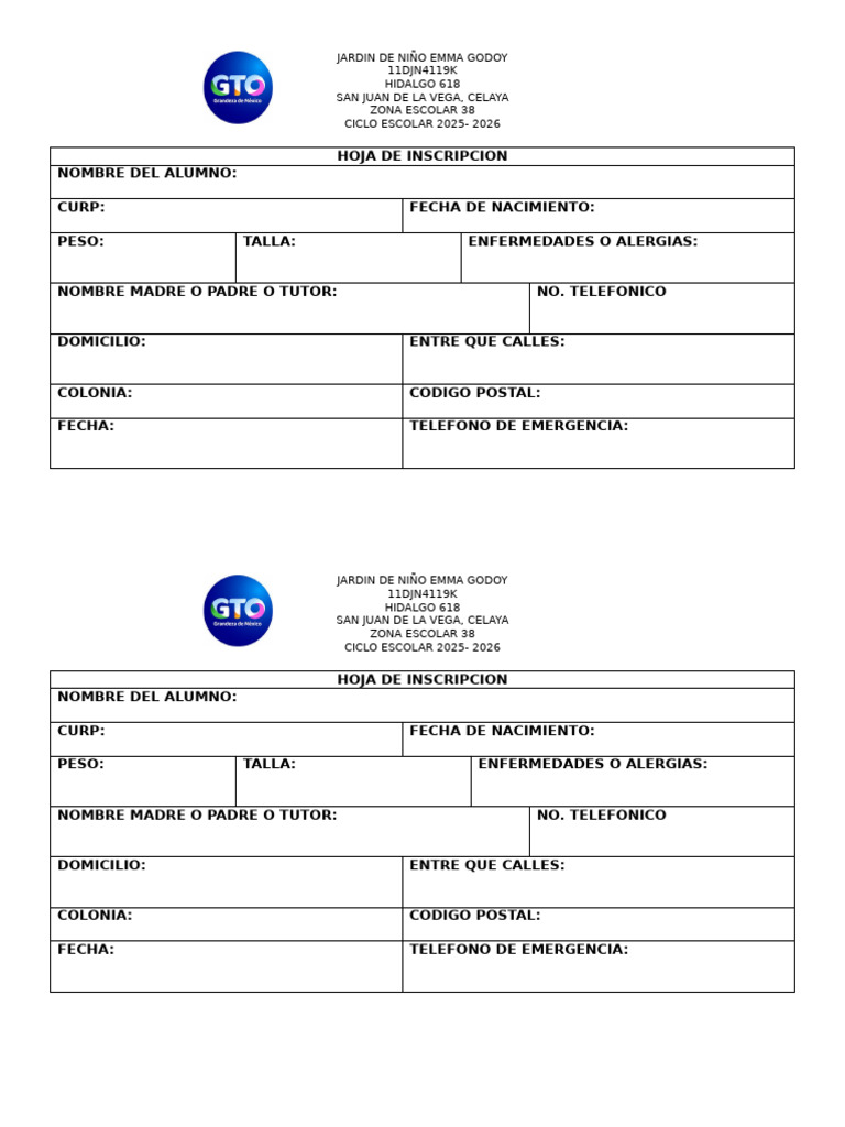 Hoja de Preinscripciòn | PDF