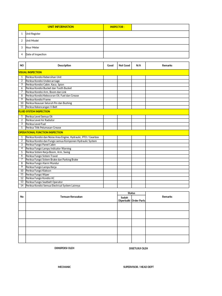 Form Inspeksi Excavator New - DONE | PDF