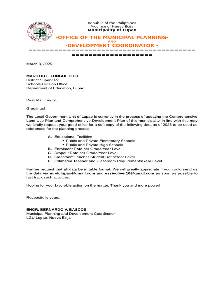 Data Request Letter Education Sub-Sector | PDF