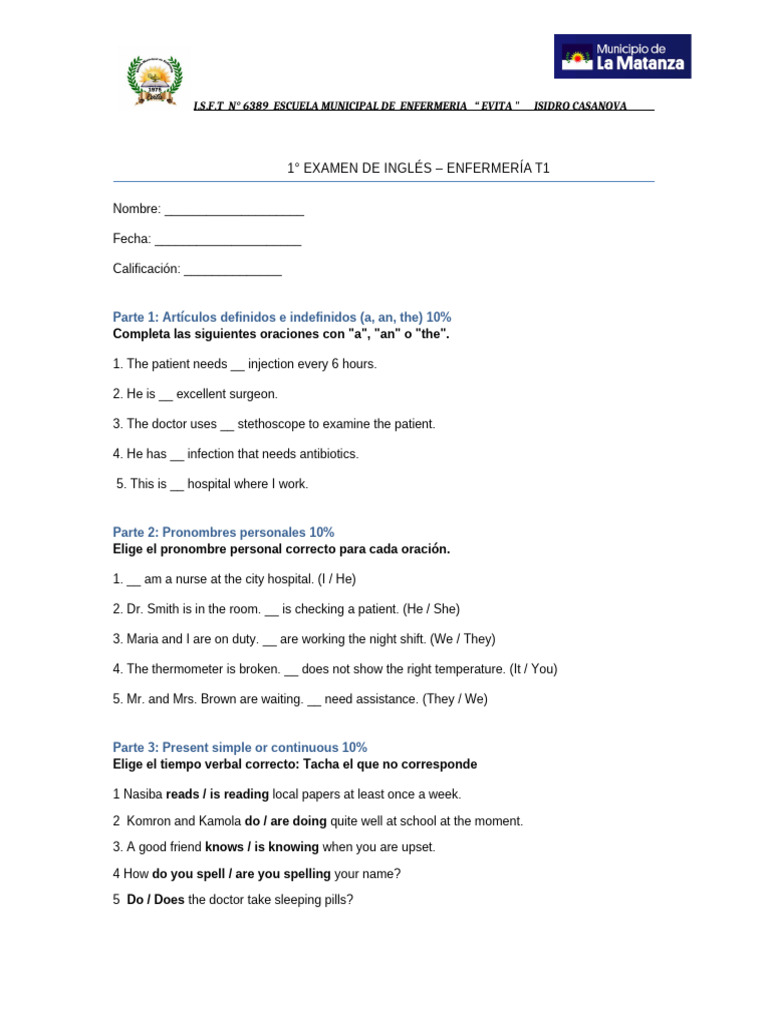 Examen Ingles Enfermeria T1 | PDF | Public Services | Social Programs