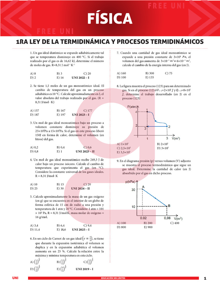 1ra Ley de La Termodinámica y Procesos Termodinámicos - Física | PDF