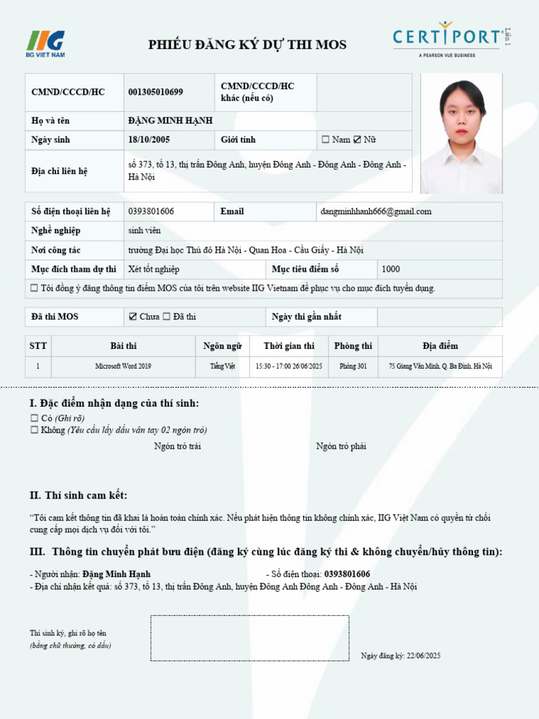 Phiếu Đăng Ký Dự Thi Mos: (Ghi rõ) (Yêu cầu lấy dấu vân tay 02 ngón trỏ ...