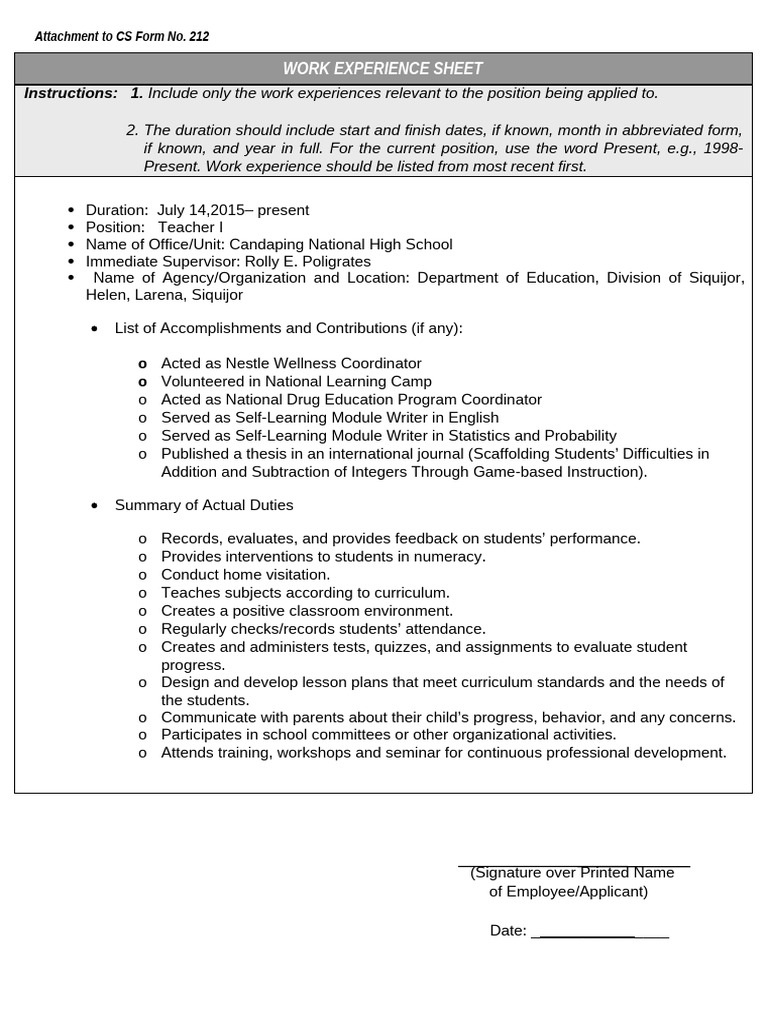 CS Form No. 212 Attachment Work Experience Sheet Sample | PDF ...