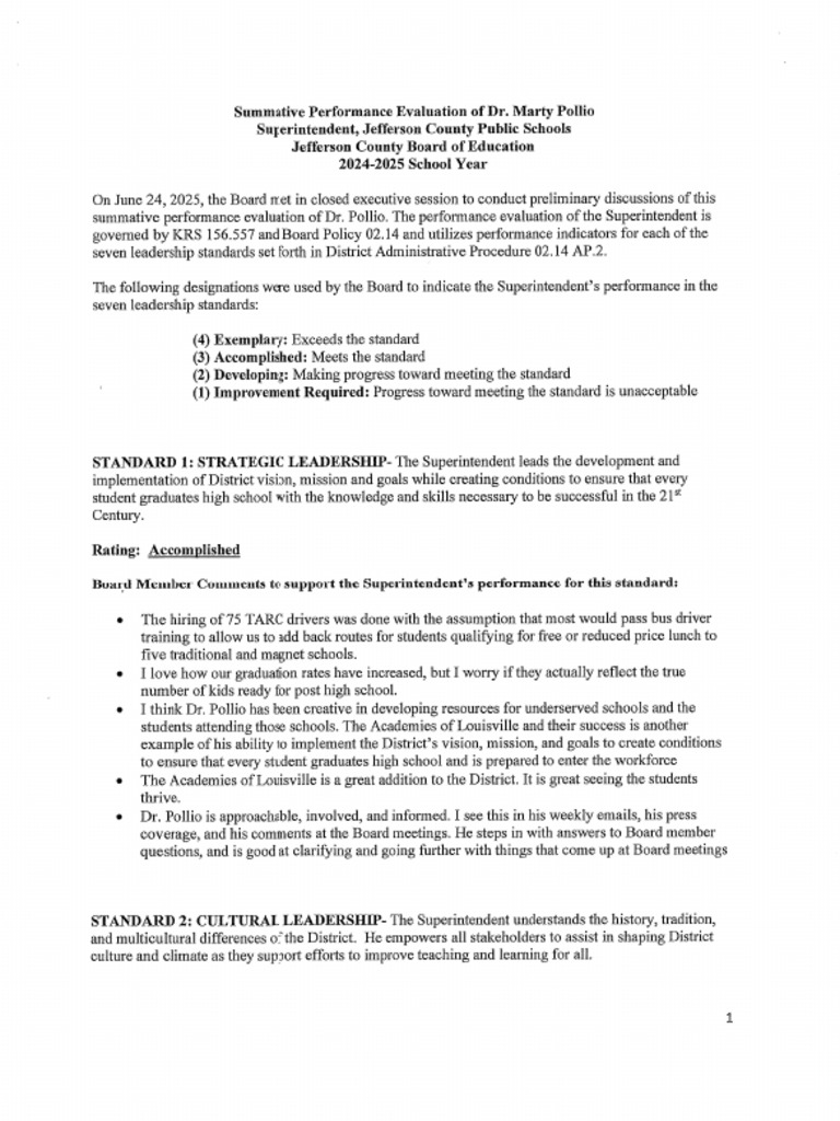 JCPS' Superintendent Marty Pollio Evaluation | PDF