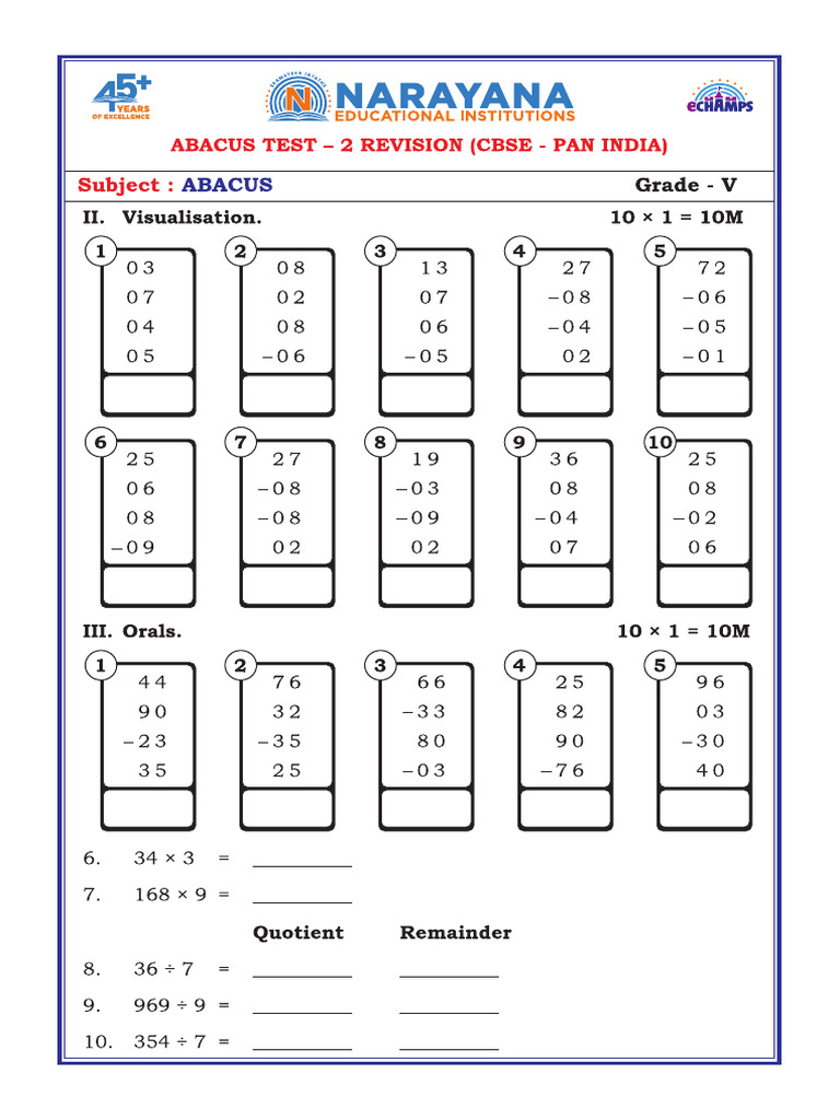 Abacus Grade-5 Abacus Test-2 Teacher Handout Revision Paper Assignment ...