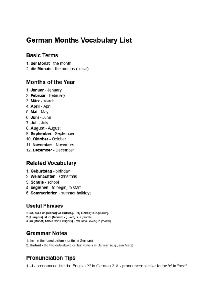 German Months Vocabulary List | PDF