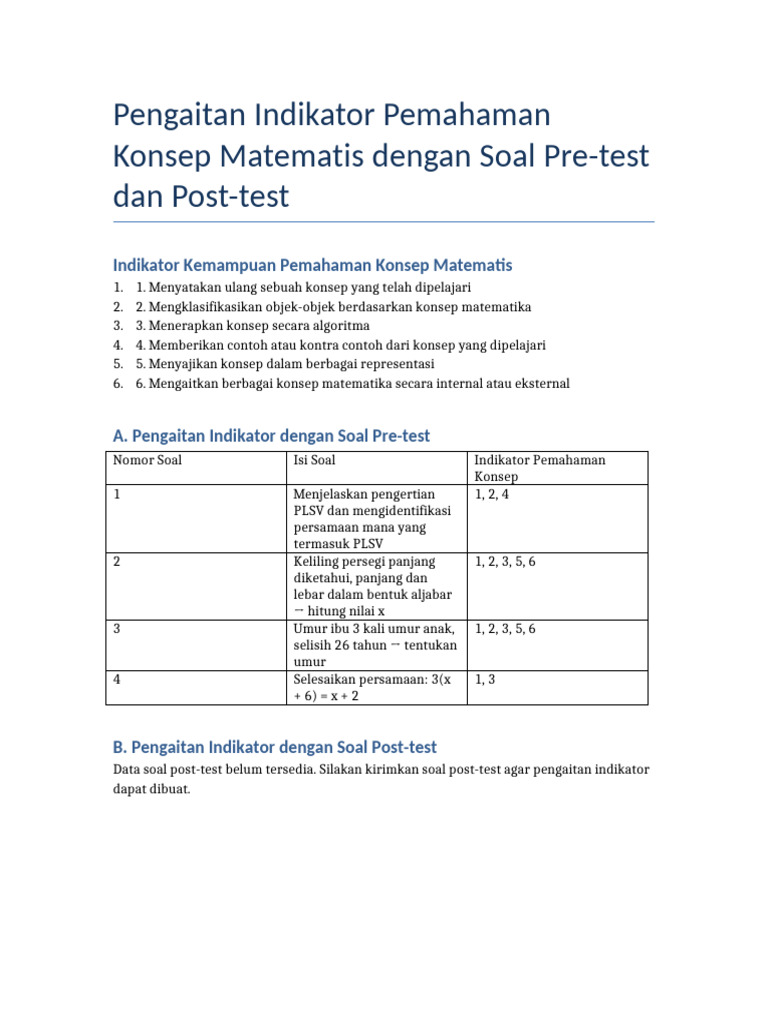 Pengaitan Indikator Dengan Soal Pre Post Test | PDF