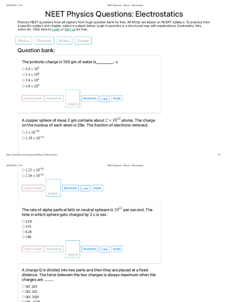 NEET Questions 1 - Physics - Electrostatics | PDF | Atoms | Atomic Nucleus