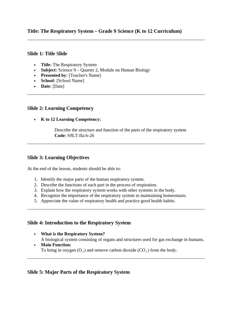 Grade 9 Respiratory System Overview | PDF | Respiratory Tract ...