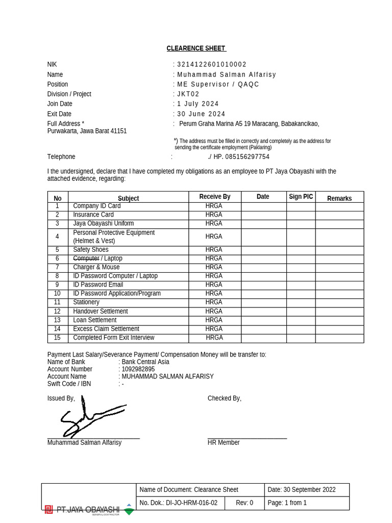 DI JO HRM 016 02 (Clearance Sheet) | PDF | Business