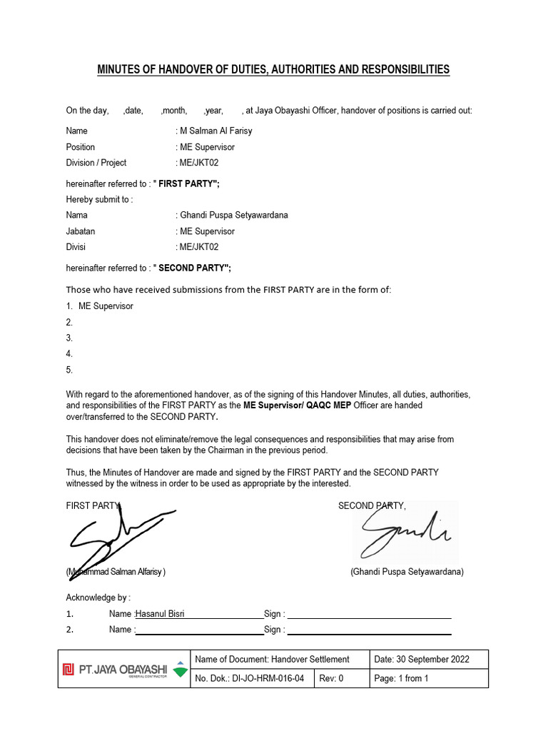 DI JO HRM 016 04 (Handover Settlement) | PDF
