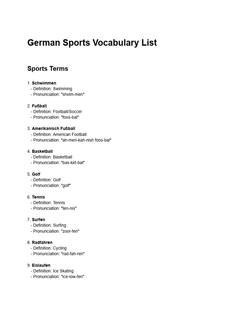German Sports Vocabulary | PDF
