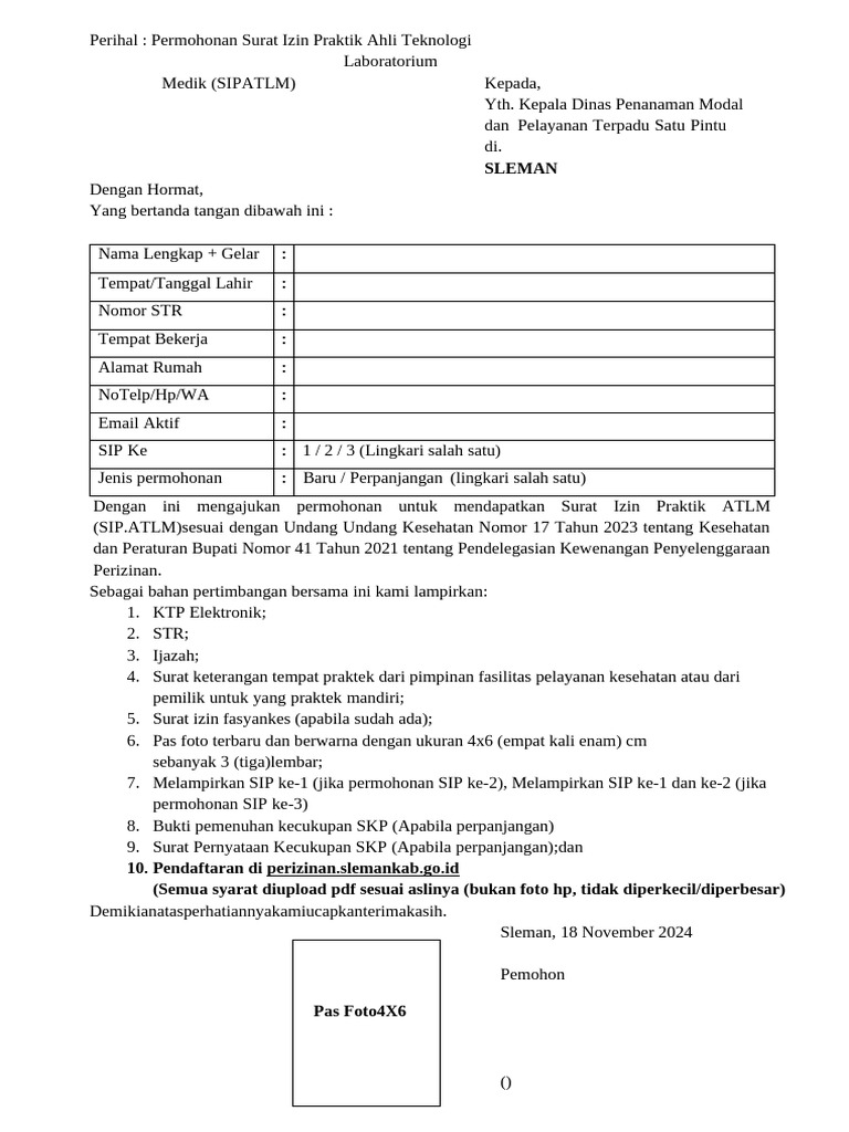 Permohonan SIP ATLM Sleman 2024 | PDF