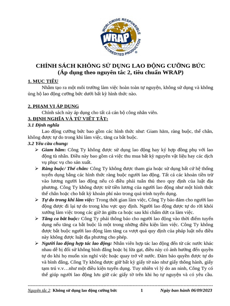 Chính Sách Không S D NG Lao Đ NG Cư NG B C. Policy 2 - Prohibition of Forced Labor | PDF