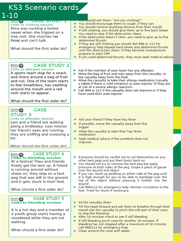 Ks3 Case Studies and First Aid Scenario Card Answers General Topics ...