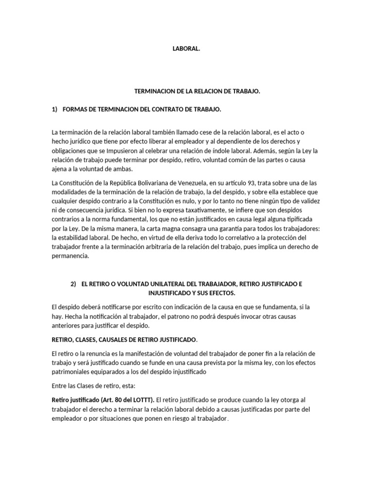 Laboral Terminacion Del Trabajo | PDF | Derecho laboral | Constitución