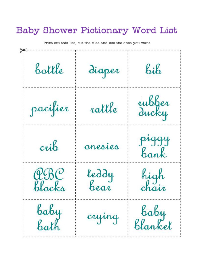 Baby Shower Pictionary Word List | PDF