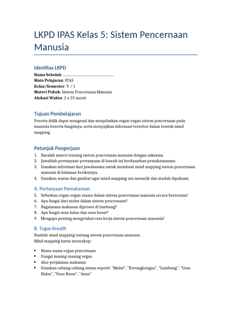 LKPD IPAS Sistem Pencernaan | PDF
