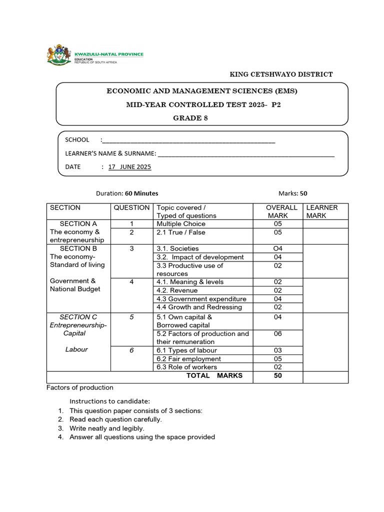 2025 Ems Grade 8 p2 Mid-Year Controlled Test | PDF | Taxes | Government ...