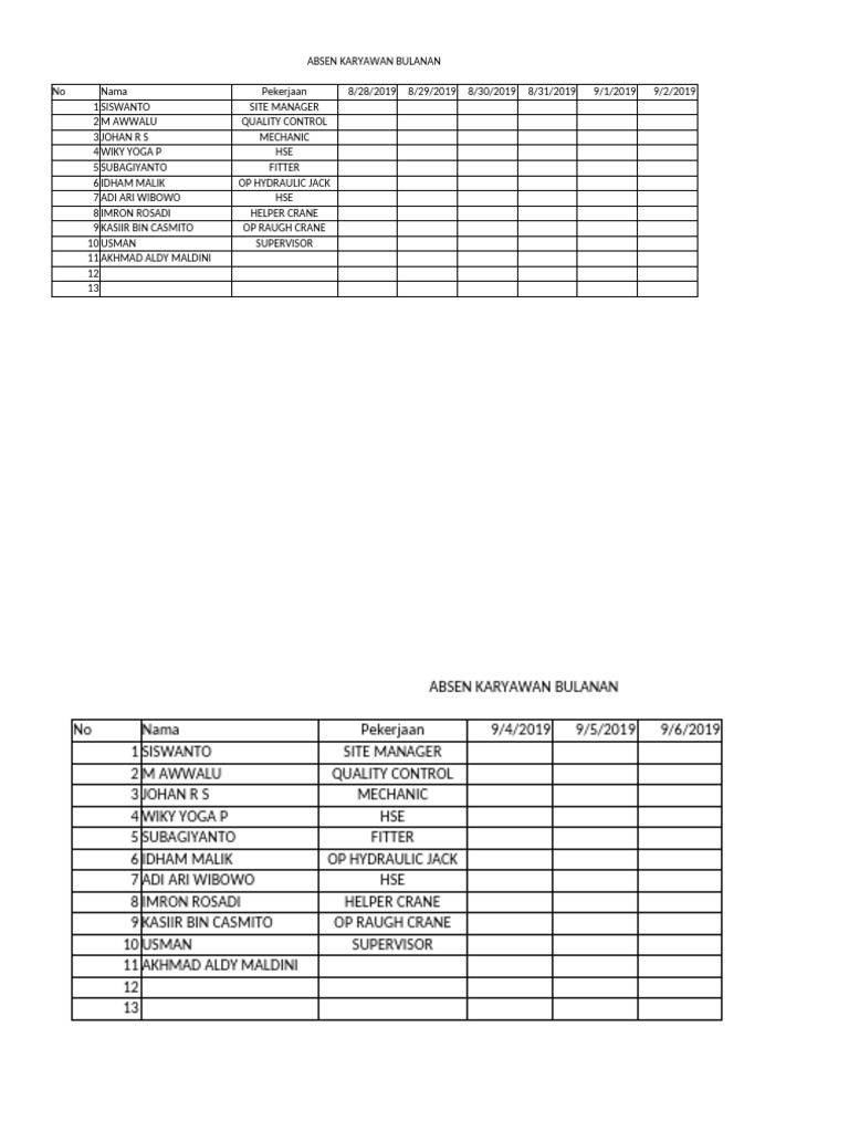 Absen Karyawan Bulanan | PDF