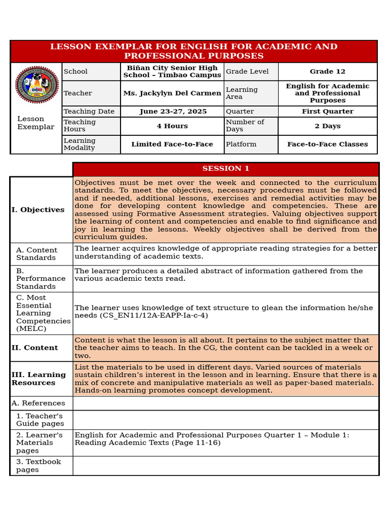 LE EAPP Lesson 2 Text Structure | PDF | Reading Comprehension | Learning