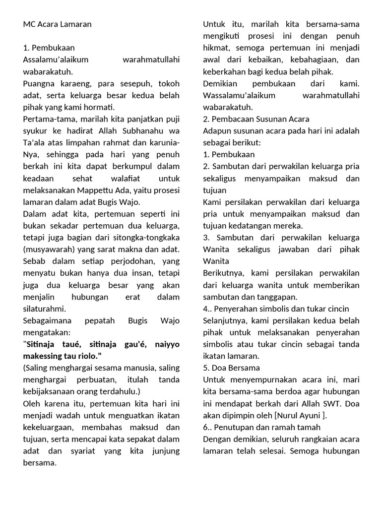 Teks MC Lamaran Adat Bugis | PDF