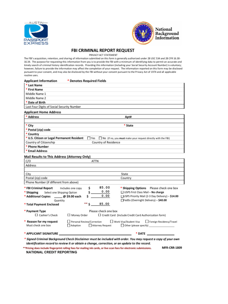 Fill - Free Fillable FBI Criminal Report Request PDF Form | PDF