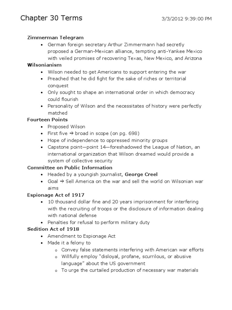 Key Terms of WWI and Wilson's Policies | PDF