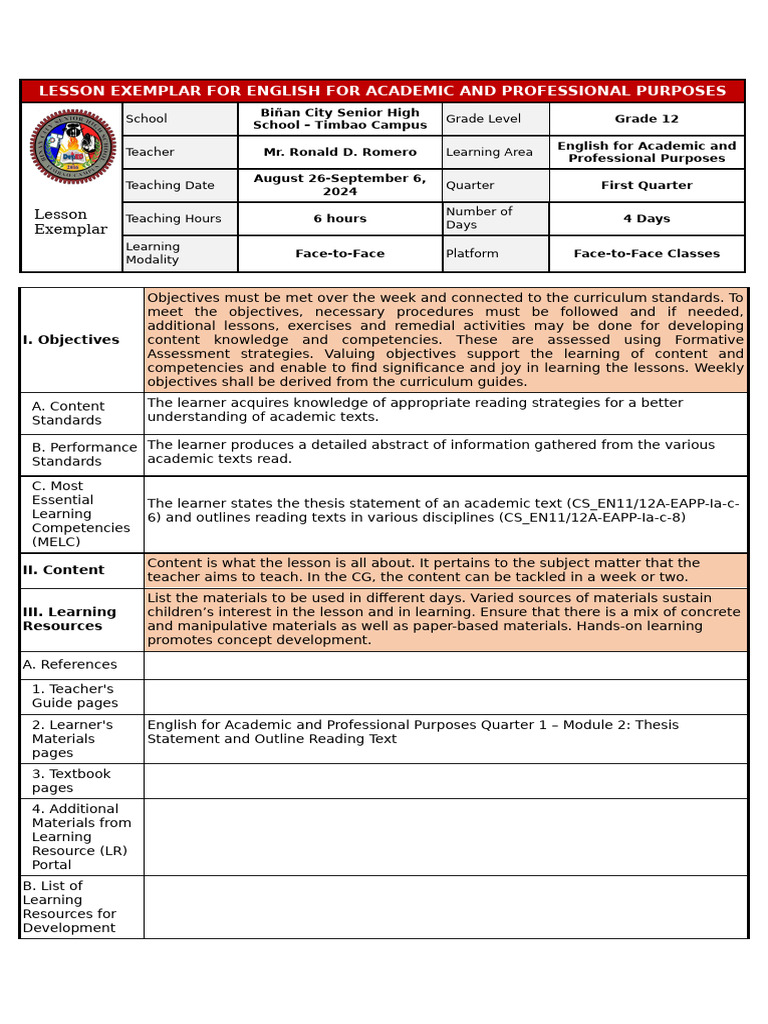 LE EAPP Lesson 4 - Thesis Statement and Outlining | PDF | Learning ...
