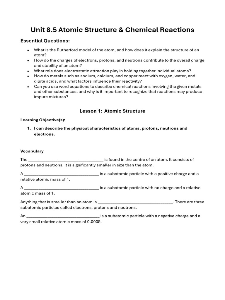 Unit 8.5 Atomic Structure and Chemical Rxns | PDF | Atoms | Proton