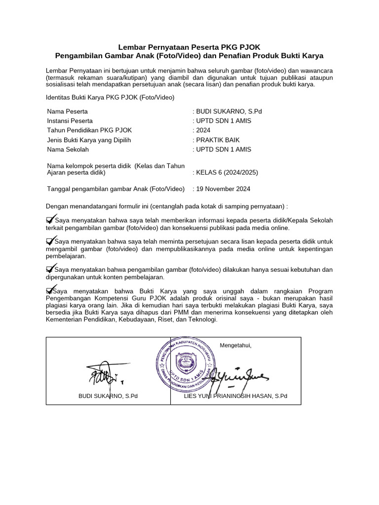 Lembar Pernyataan Peserta PKG PJOK | PDF