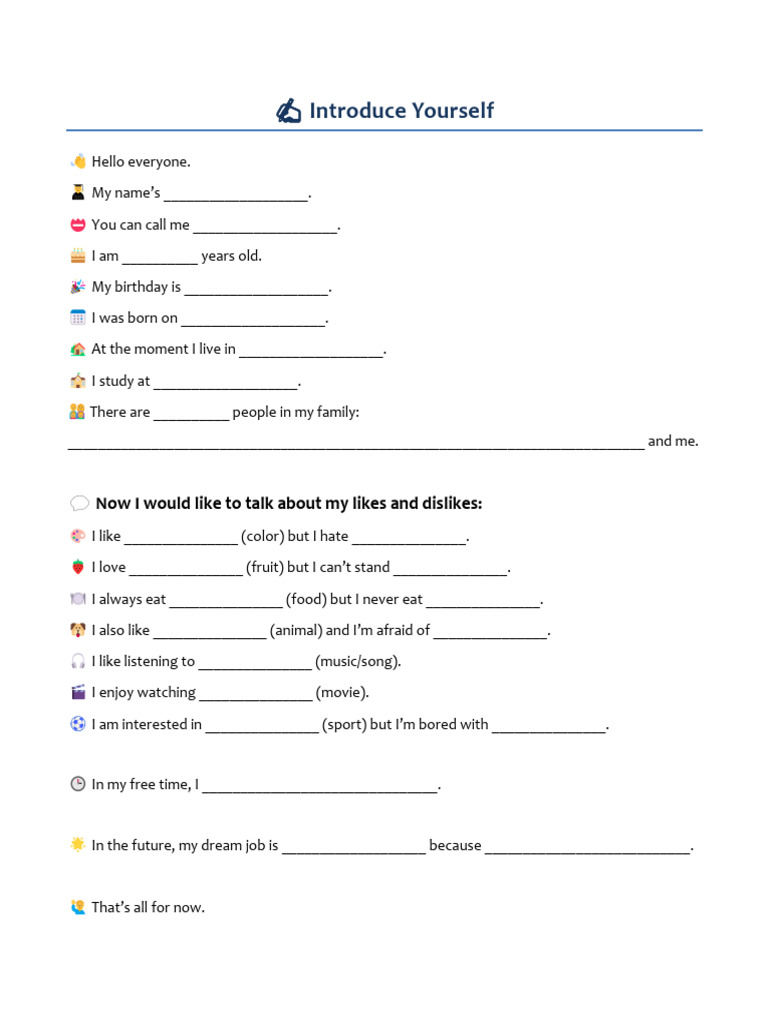 Introduce Yourself Worksheet | PDF