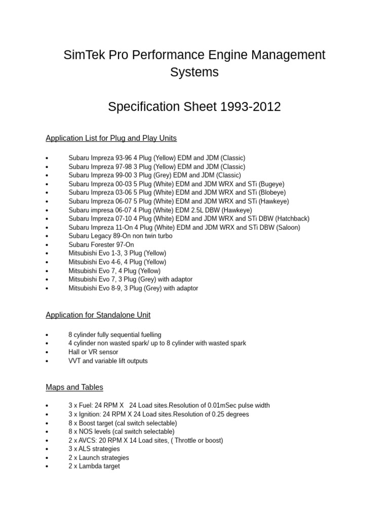 Simtek Pro Spec Sheet | PDF | Throttle | Motor Vehicle