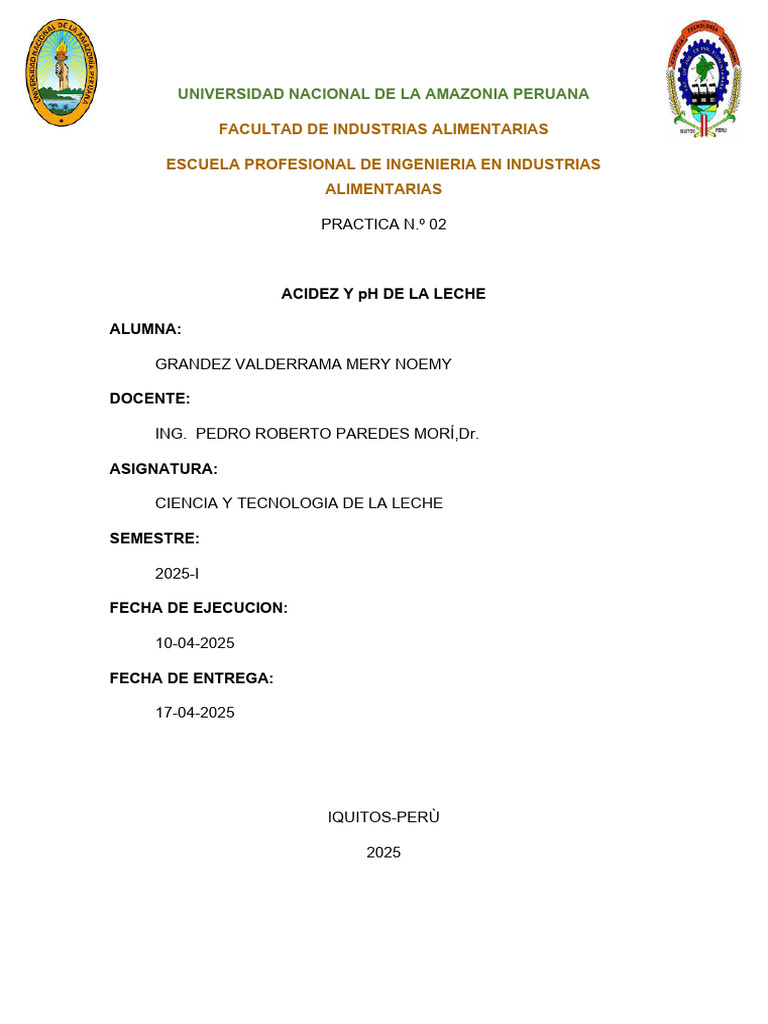 Practica 02-Acidez y PH de La Leche-Mery Grandez Valderrama | PDF ...