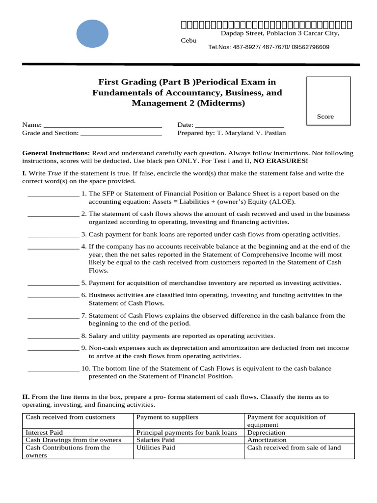 First Grading Periodical Exam in ABM 12 | PDF | Cash Flow Statement ...